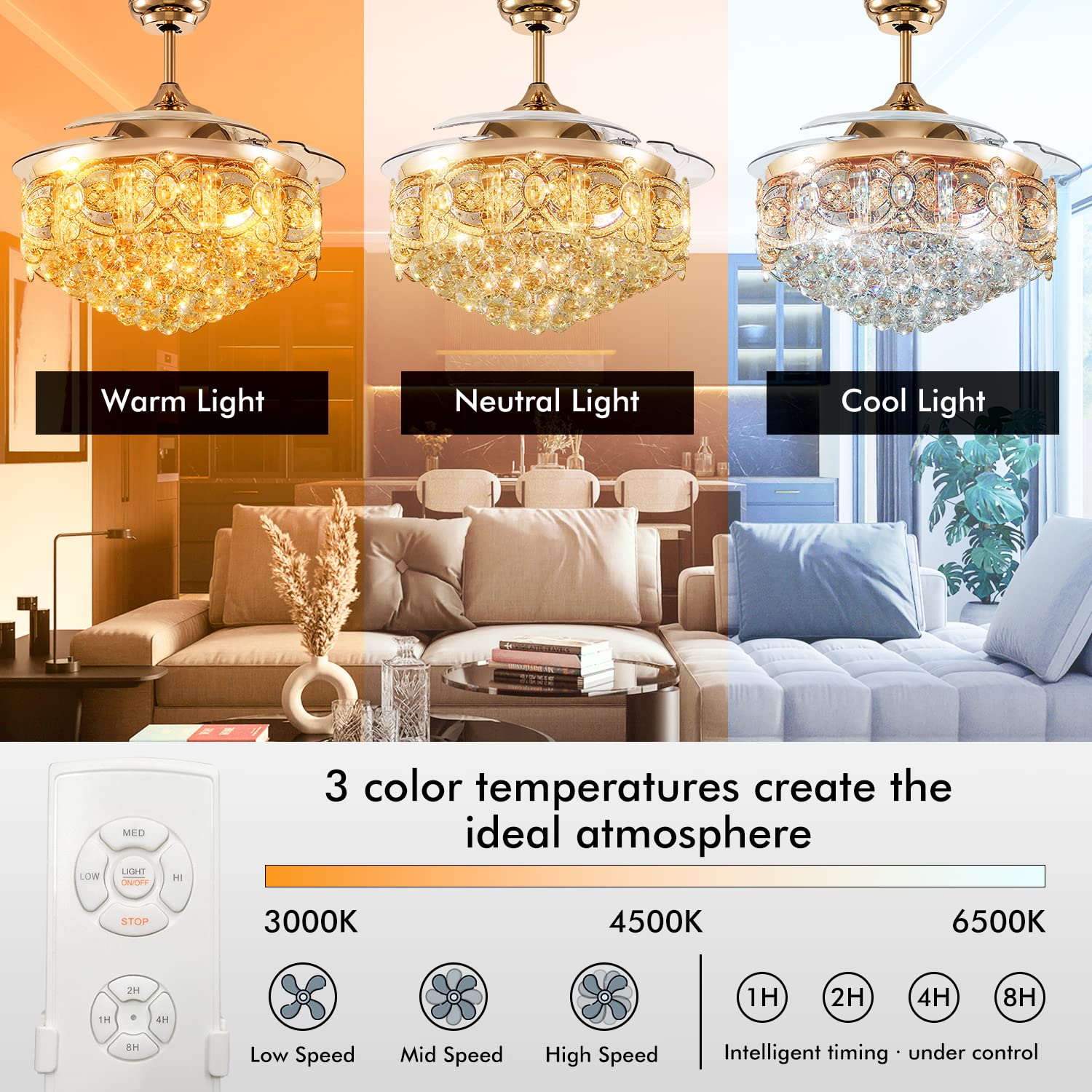AFANQI 42" Crystal Ceiling Fan Light with Remote Control Adjustable 3 Acceleration 3 Color Fan Fixtures with Retractable Blade LED Chandelier Fan Silent Motor with LED Kit (42" Luxury Crystal)