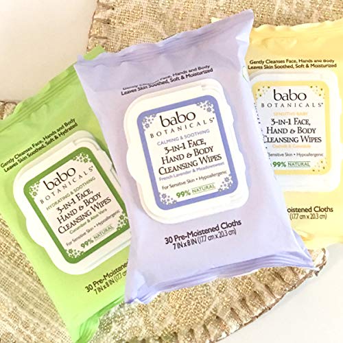 Babo Botanicals Calming 3-in-1 Face, Hand & Body Cleansing Wipes - with French Lavender & Meadowsweet - For Babies, Kids & Adults with Sensitive Skin - 30 ct.