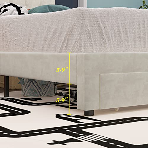 LIKIMIO Twin Bed Frame with XL Under-Bed Drawer, Velvet Upholstered Platform Bed Frame with Headboard, No Box Spring Needed/Noise-Free, Beige