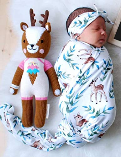 Newborn Girls Receiving Blanket Headband Set Flower Baby Swaddle Blankets Infant Warm … (0-6 Months, Deer)