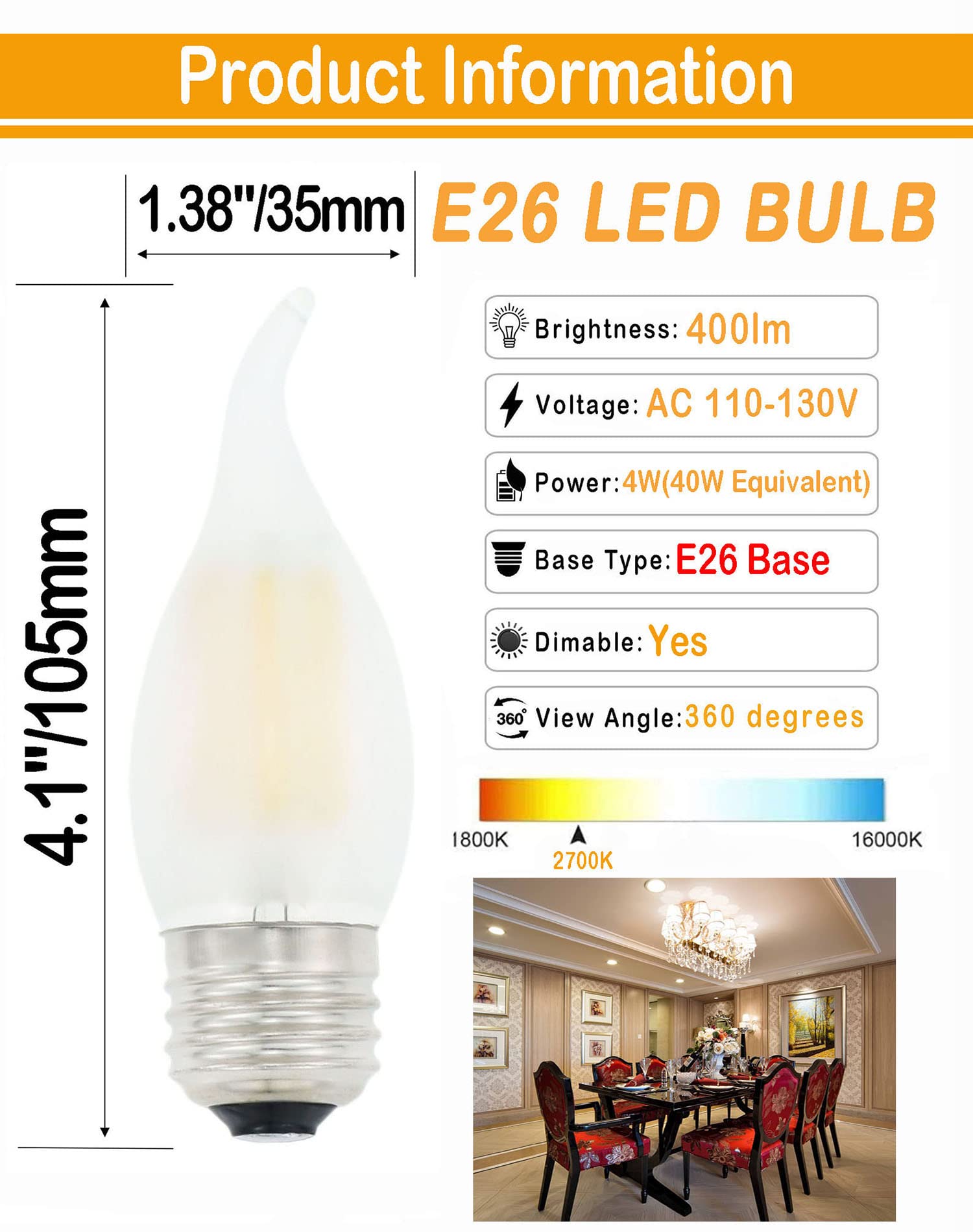 Lamsky LED Candelabra Bulb 4W Dimmable 40W Equivalent,Frosted Glass Flame Tip Shape,E26 Base 2700K Warm White Decorative Chandelier Light Bulbs,3-Pack