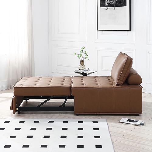 Bellemave 3 in 1 Pulling Out Ottoman Sofa Bed,Multipurpose Faux Leather Folding Ottoman Sleeper Couch Lounger,Convertible Adjustable Sleeper Chair for Living Room Apartment Office(Brown PU)