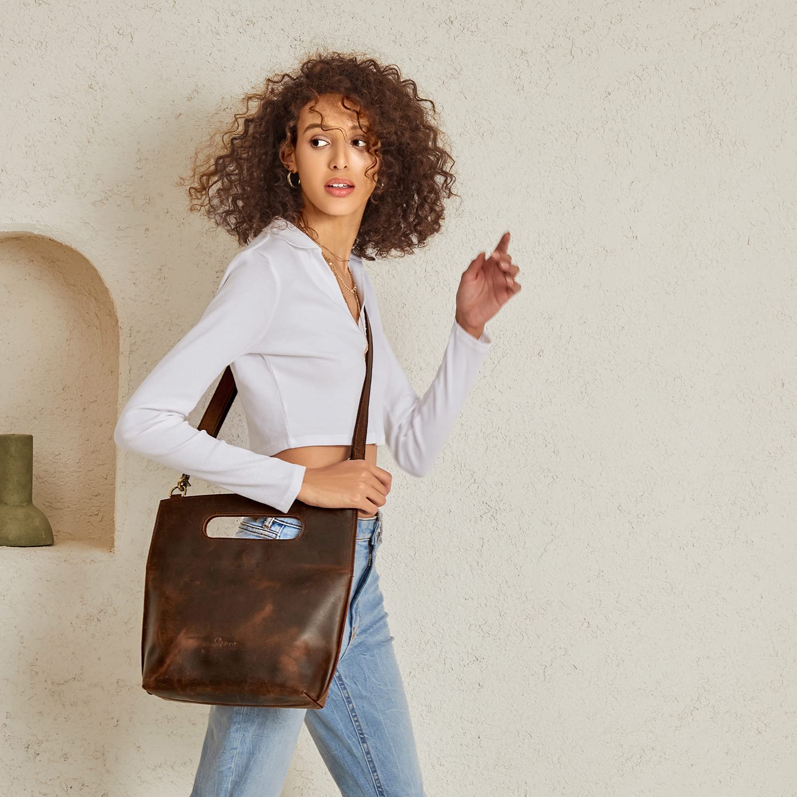 S-ZONE Vintage Genuine Leather Tote Bag for Women Large Shoulder Purse Handbag with Clutch Bag