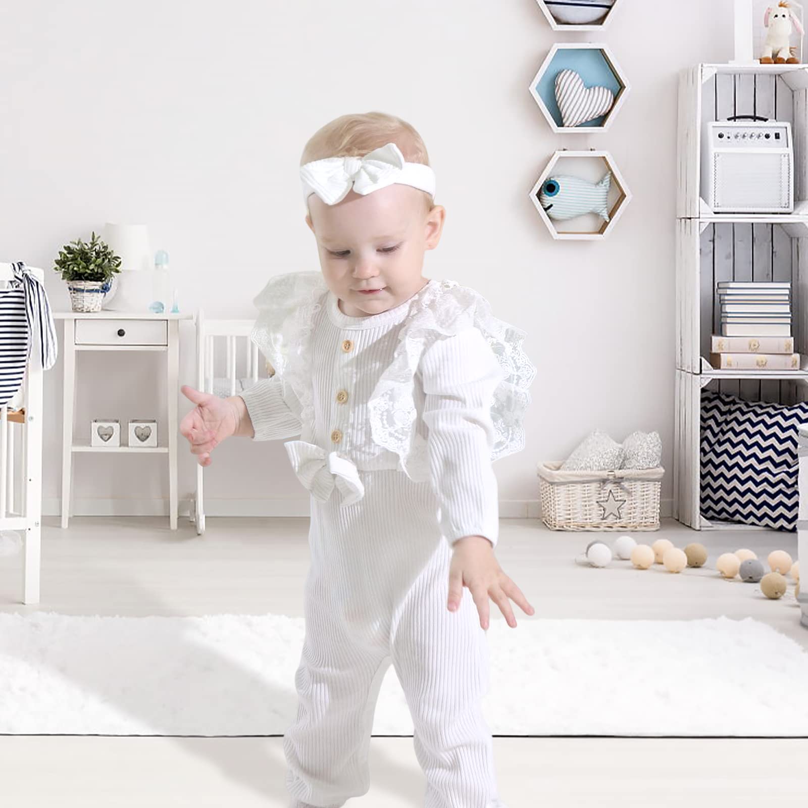 Baby Girl Clothes Newborn Fall Winter Rompers Lace Ruffle Sleeveless One-Pieces Buttons Jumpsuits Bodysuit Outfits Set White 3-6M