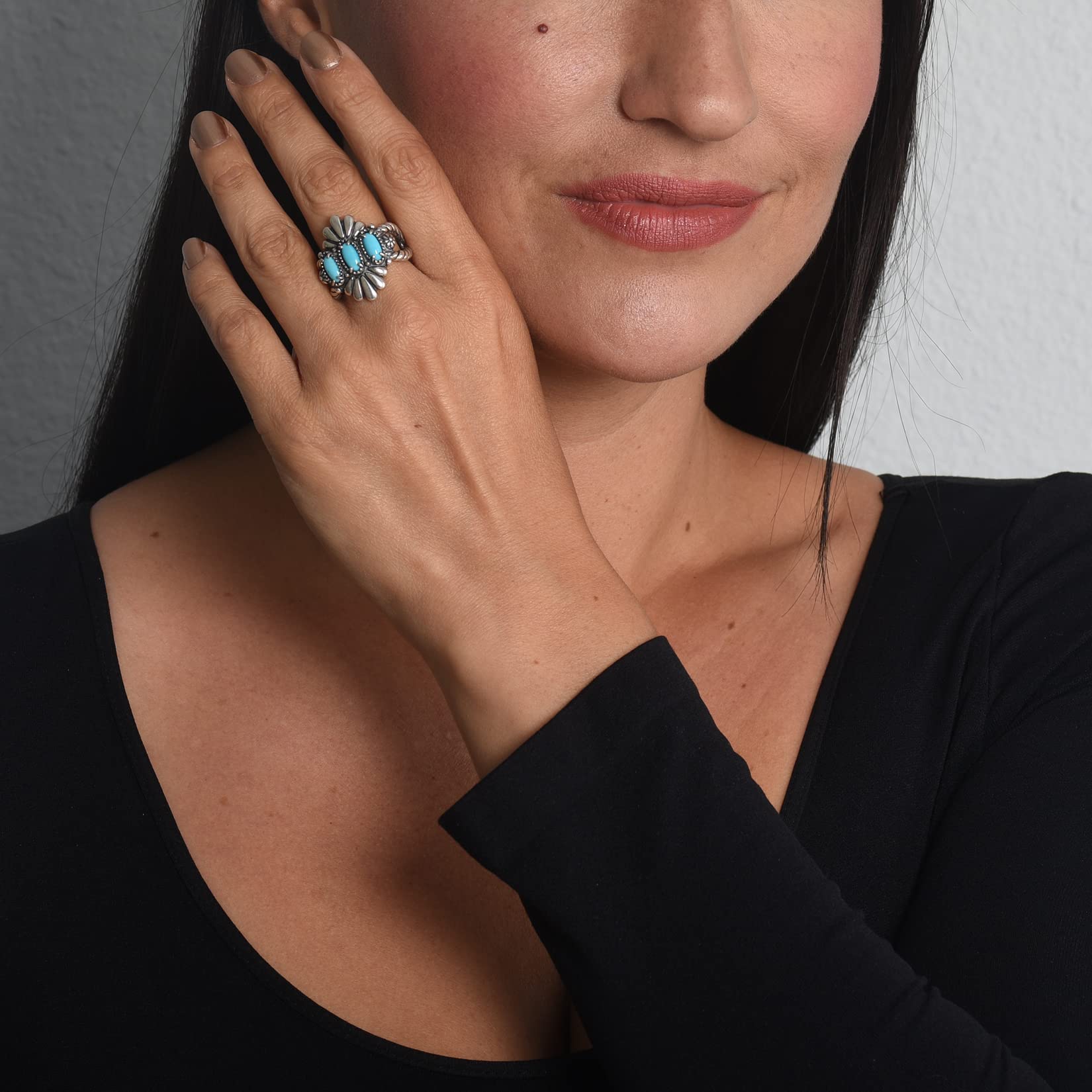 American West Sterling Silver Women's Ring Sleeping Beauty Turquoise Three Gemstone Design Size 8