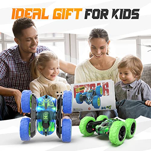 BEZGAR LED Remote Control Car for Boys, 2.4GHz Double Side 360 Flips RC Stunt Car for Boys 8-12, 4WD All Terrain Stunt Car with Rechargeable Battery
