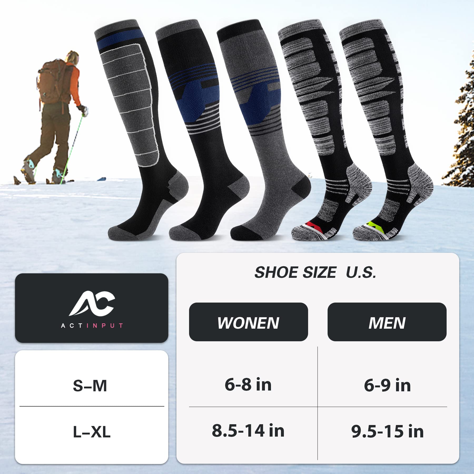 ACTINPUT 2/3 Pack Winter Ski Socks Men Women, Snowboarding socks for skiing, Warm Thermal Knee High Socks for Cold Weather