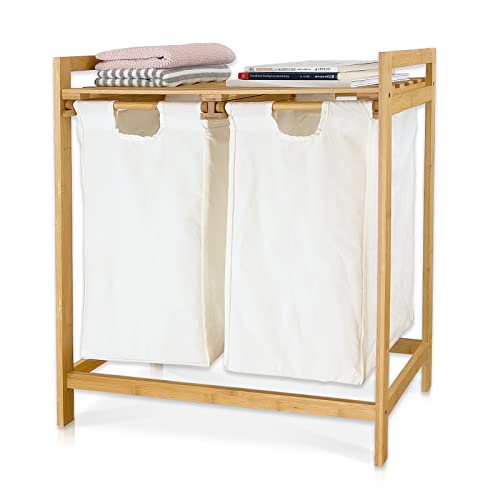 Bellglee Laundry Hamper with Shelf, 2 Sections Wooden Laundry Basket with Sliding Removable Bags, Bamboo Wood Laundry Organizer with Double Compartments, Laundry Sorter with Handles