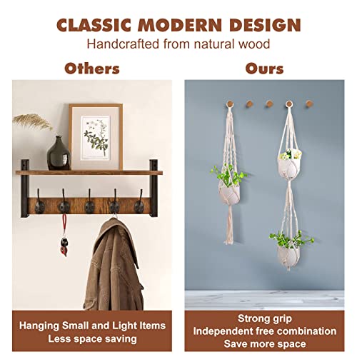 DIGHEIGG Wood Coat Rack Wall Mount, Wall Hooks Boho Wall Decor Aesthetic, Heavy Duty Coat Hooks Wall Mounted for Hat Towel Purse Robes Mudroom Entryway (Beech Wood, 5 Pack)