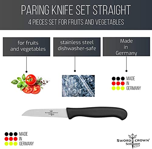 Sword & Crown Professional (Made in Germany, Solingen) Paring Knife Set of 4 Easy to Grip, Super Sharp, Rust and Corrosion Free Dishwasher Safe 3" Paring Knives/Vegetable Knives (4 piece)