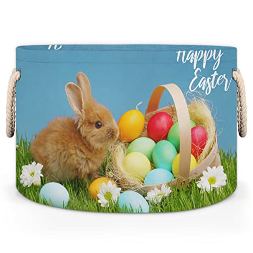 Happy Easter Funny Rabbits (9) Large Round Baskets for Storage Laundry Baskets with Handles Blanket Storage Basket for Bathroom Shelves Bins for Organizing Nursery Hamper Girl Boy