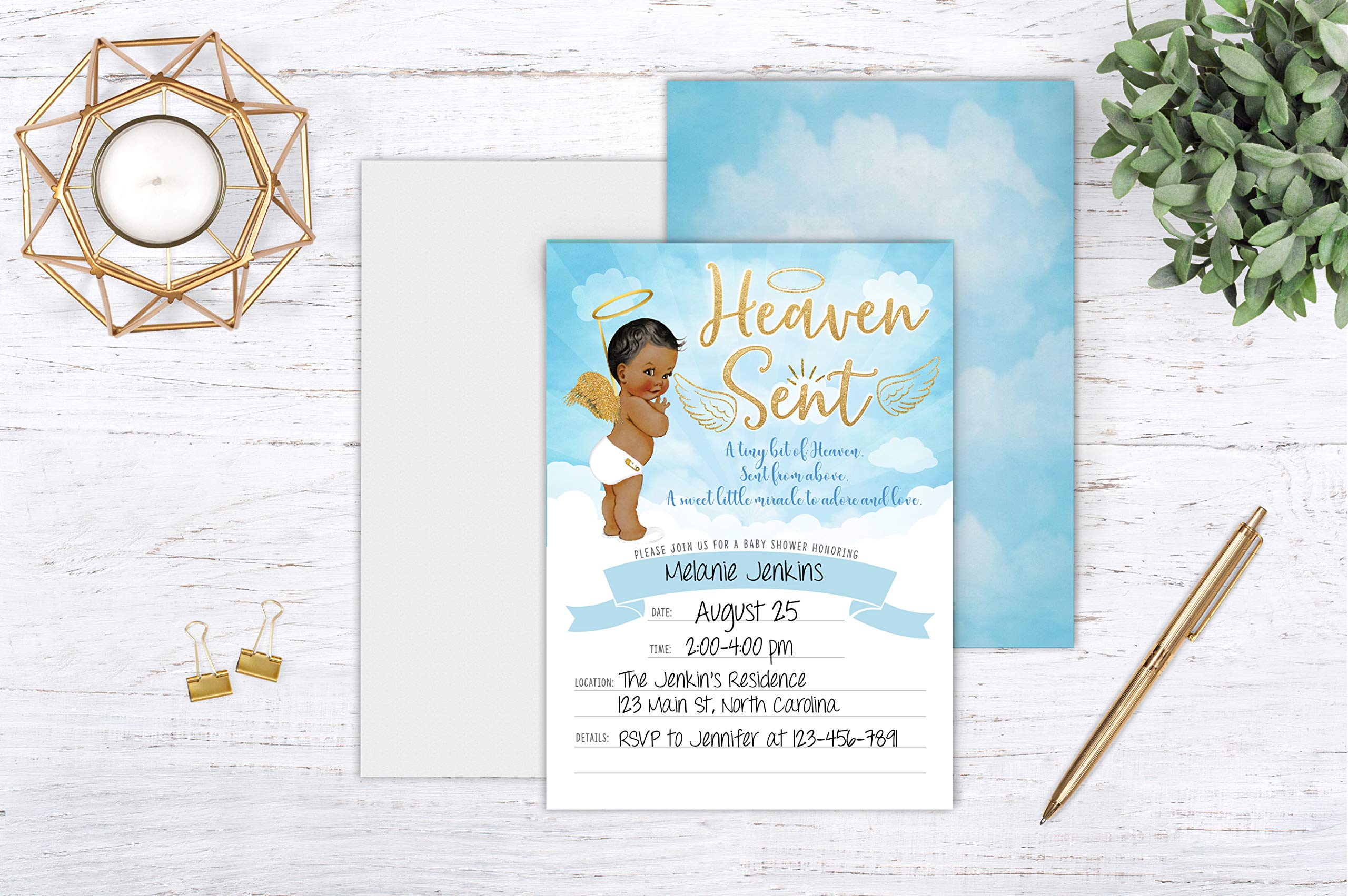Heaven Sent Boy Baby Shower Invitation - African American Cute Clouds and Celestial Angel Baby Shower Invite - Twinkle Twinkle Little Star - 20 Fill-in Invitations and Envelopes
