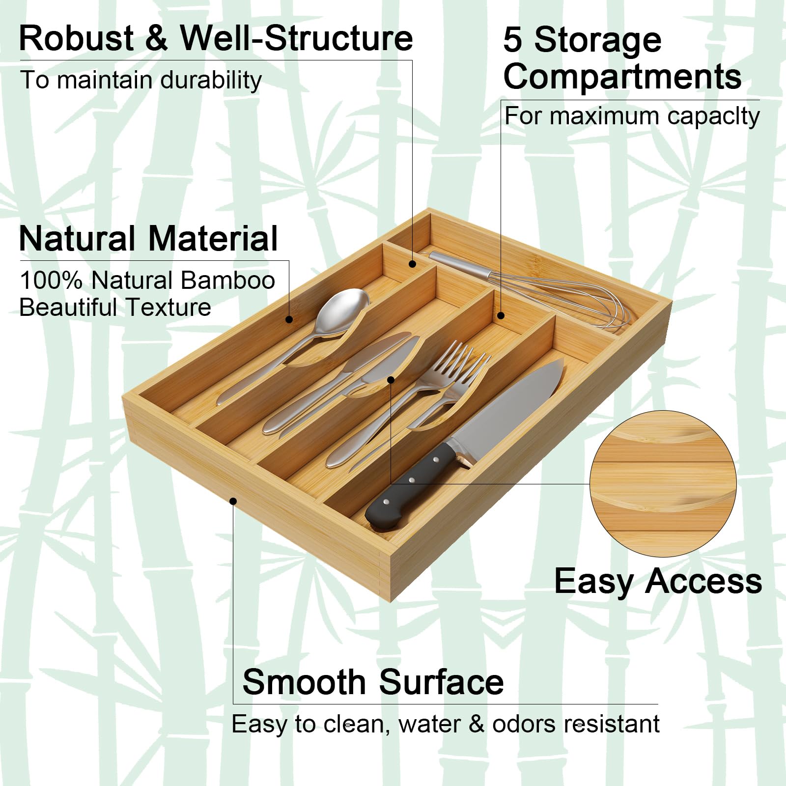 Youpehom Bamboo Utensil Organizer for Kitchen Drawers, Utensil Tray and Cutlery Silverware Holder,Wood Drawer Dividers with 5 Slots