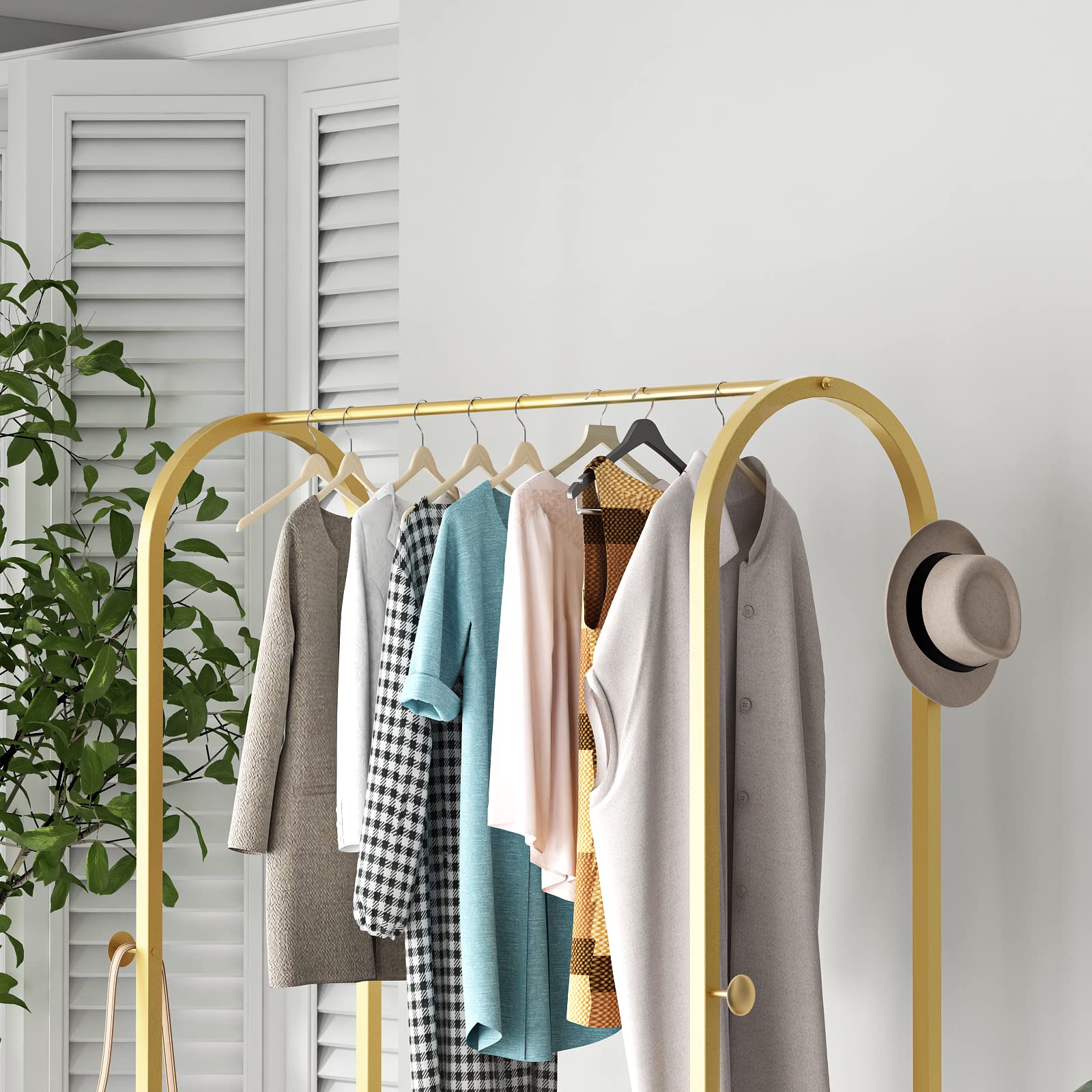 Gold Clothing Rack on Wheels Modern Display Rack with 2-tier Shelf Metal Hanging Rack Gold Clothes Rack for Boutique, Retail or Home (gold)