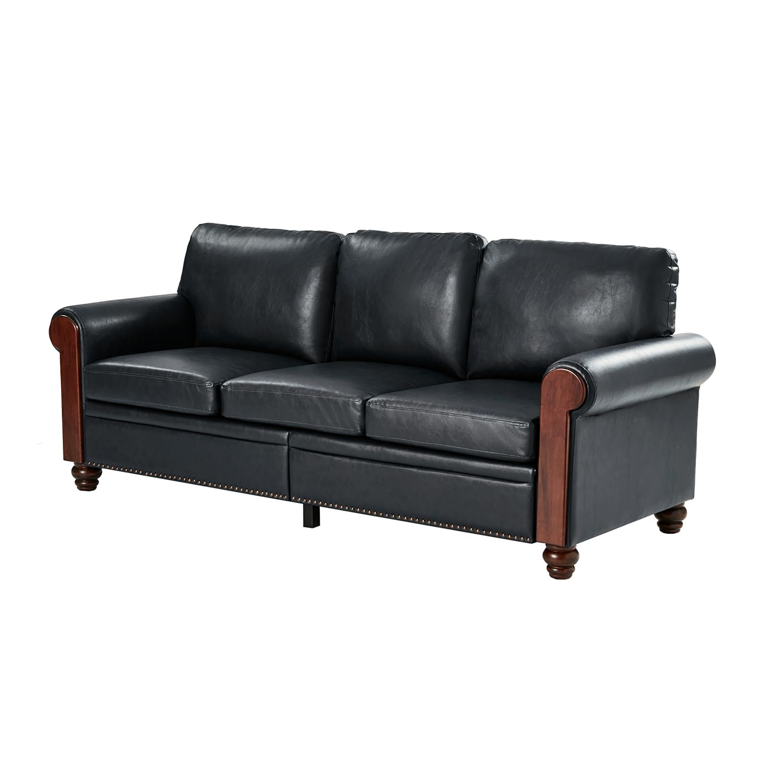 HULALA HOME 81" Sofa, Classic Faux Leather Couch Comfy 3 Seater Sofa with Wood Decor Rolled Arms Nailhead Trim, Brown Upholstered Leather Couch for Living Room