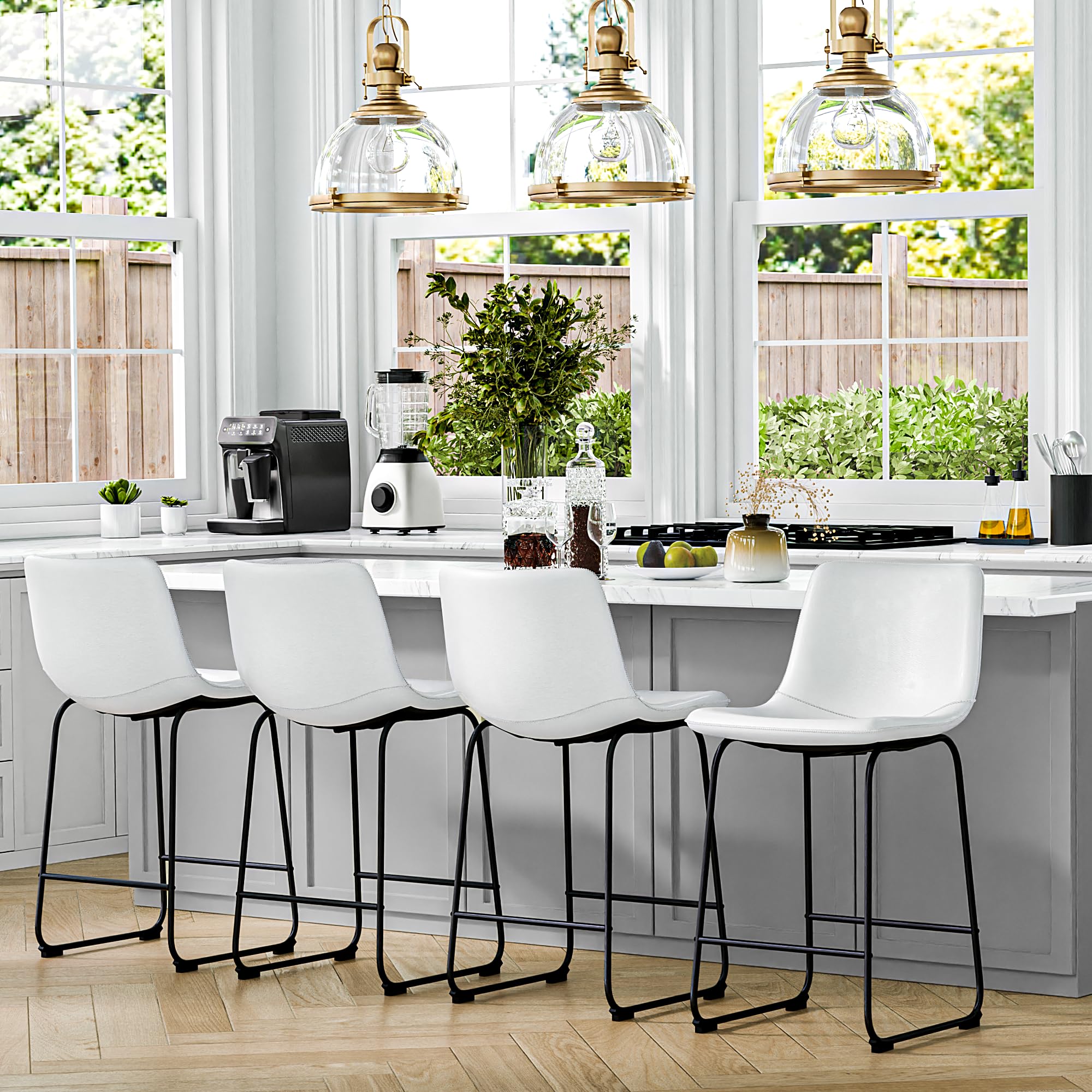 REONEY Bar Stools Set of 2, PU Leather Counter Height Bar Stools, 26" Modern Bar Stools with Metal Legs and Footrest, Urban Armless Dining Chairs with Backrest for Kitchen Island (White)