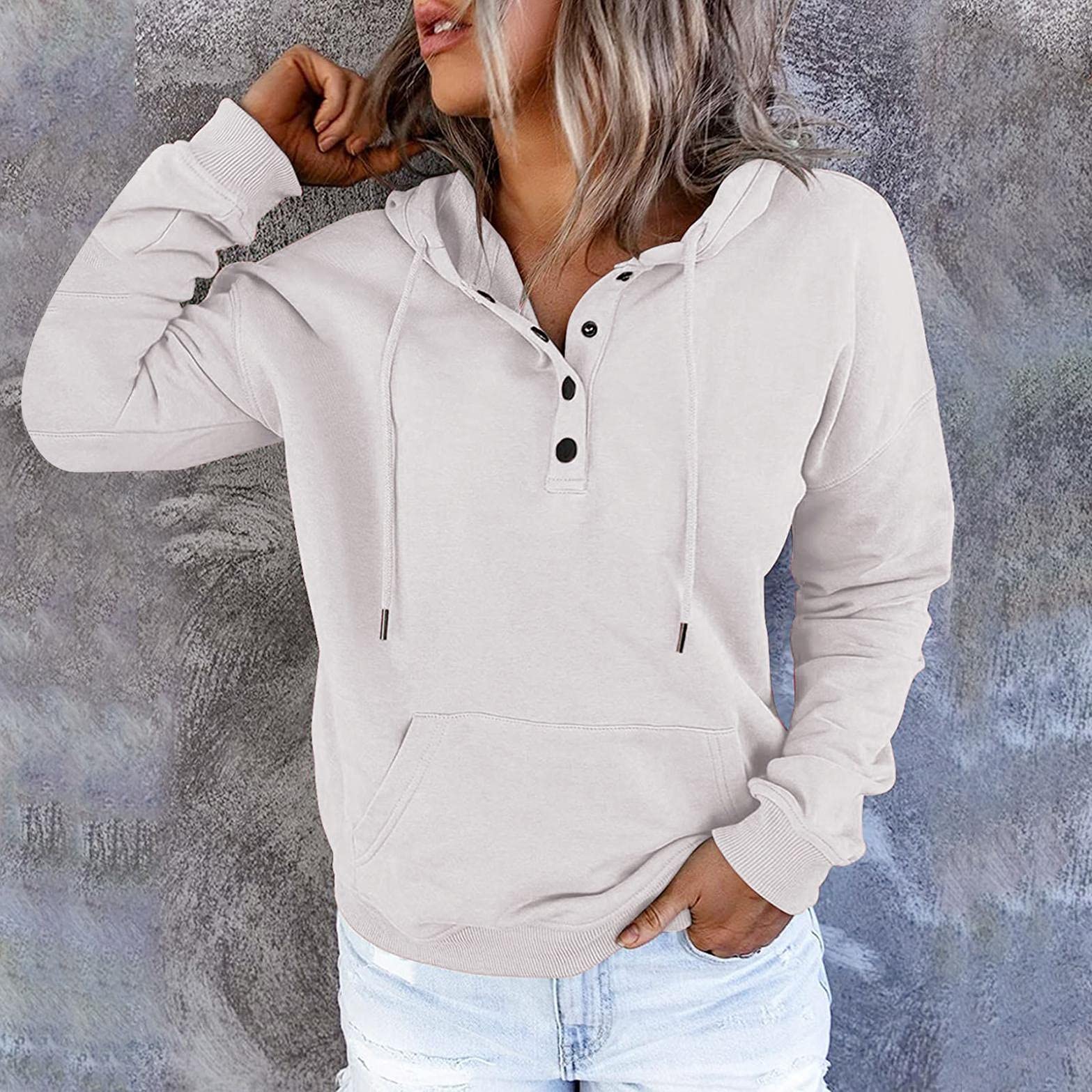 AIHOU Sweatshirts for Women Button Down Hoodies Drawstring Hooded Pocket Crewneck Sweatshirts Tops Shirts White