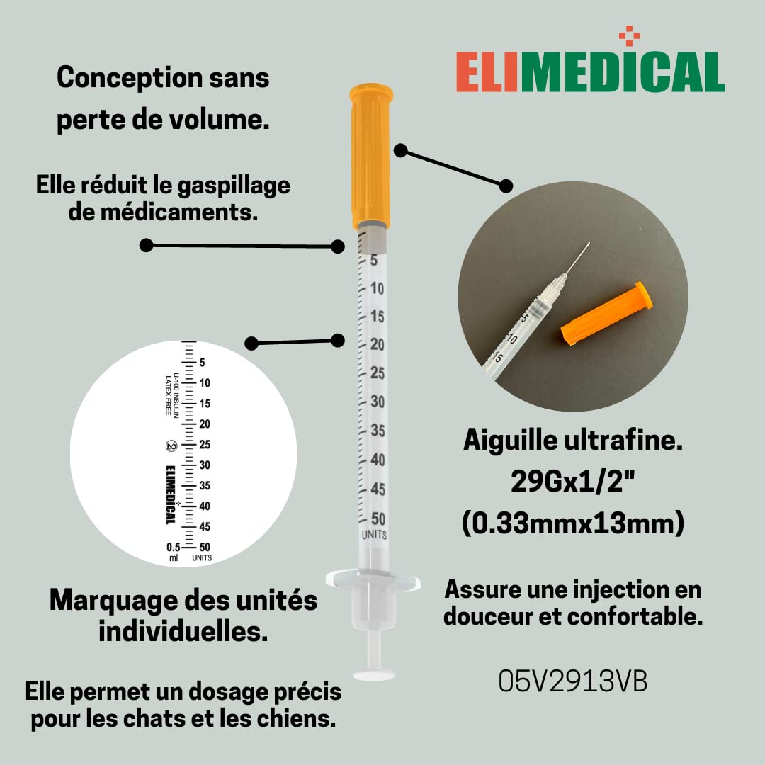 Elimedical Veterinary Insulin Syringe, U-100, 0.5cc (ml), 29g x 1/2 inch (12.7mm), Individually Packed, for Pet Cat or Dog, 100 per Box, 05V2913VB