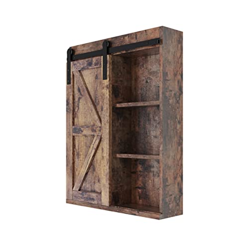 BARNER HOME Wall Mounted Medicine Cabinet, Bathroom Wall Cabinet Farmhouse Sliding Barn Door with 3 Tier Storage Cabinet for Living Room,Brown