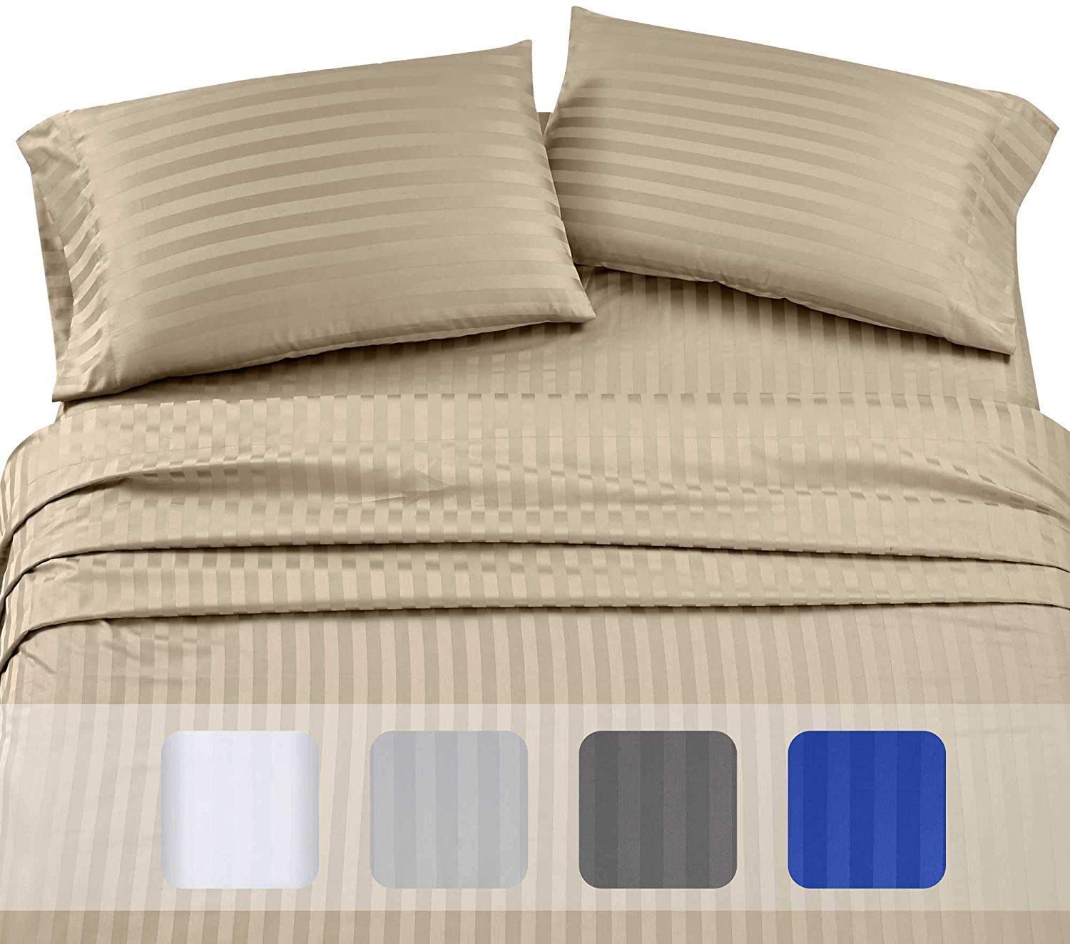 Bed Sheet Set of 5PCs, Taupe Stripe,King Size, 1 Fitted Sheet (15"-16") Deep Pocket, 1 Flat Sheet, 1 Duvet Cover with Zipper and 2 Pillowcases, Pure Egyptian Cotton, 400 Thread Count.