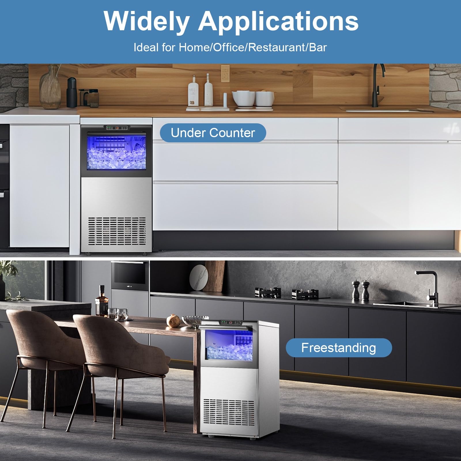 Amzgachfktch Commercial Ice Maker, 100lbs/24H Ice Maker Machine, Auto Self-Cleaning, LED Digital Display, Blue Light, Under Counter/Freestanding Ice Machine for Home/Office/Restaurant/Bar