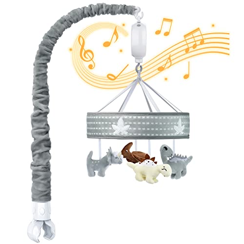 FEISIKE Crib Mobile for Boys,3 Modes Musical Crib Toy,12 Lullabies,Volume Control(Level 0-100),Gray,Claw Type Fit Crib and Bassinet,Dinosaur Jurassic Theme Toys
