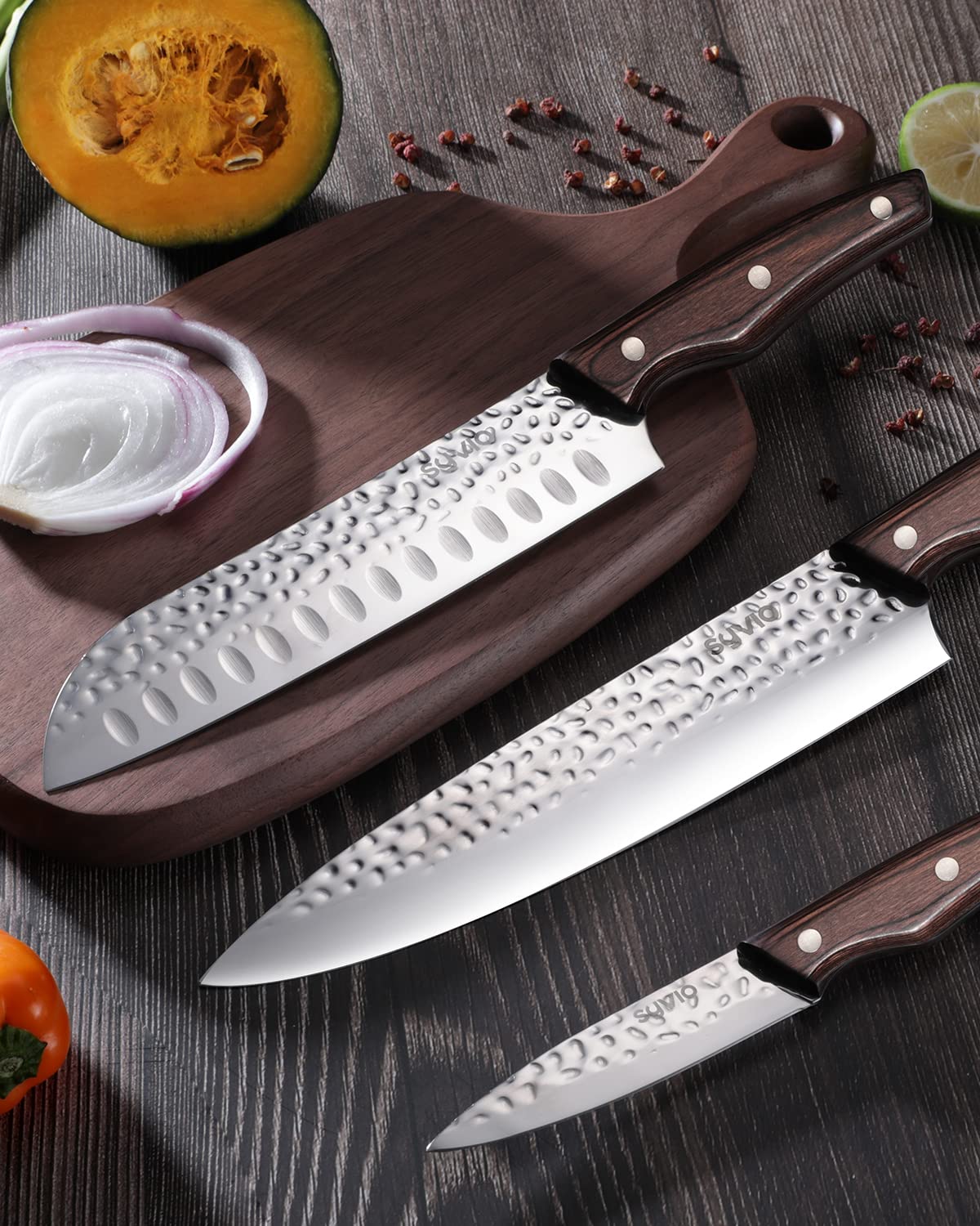syvio Chef Knife Set, Kitchen Knives with High Carbon Stainless Steel & Wooden Handle, Kitchen Knife Set 3 PCS-8" Chef’s Knife &7" Santoku Knife&5" Paring Knife with Gift Box
