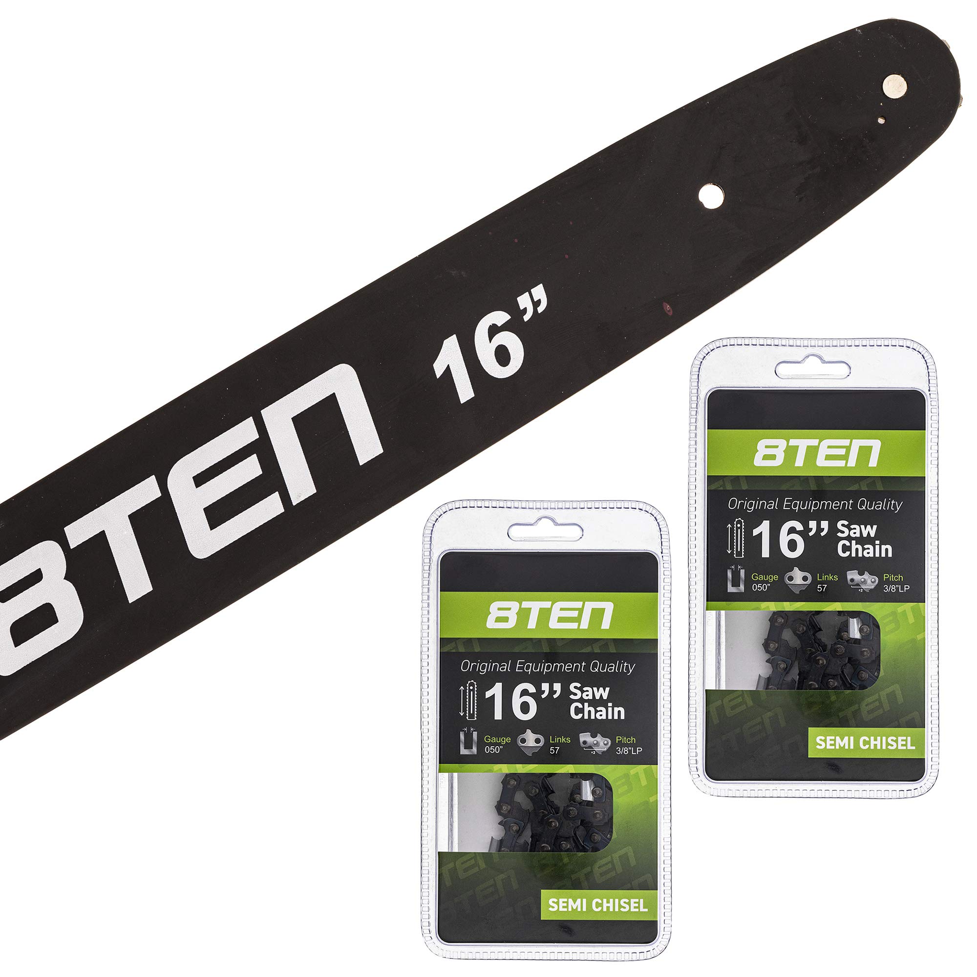 8TEN Chainsaw Guide Bar and 2 Chains For Husqvarna Echo Poulan 3516AVX 91VXL057G 160SDEA041 16 inch .050 .375 57DL