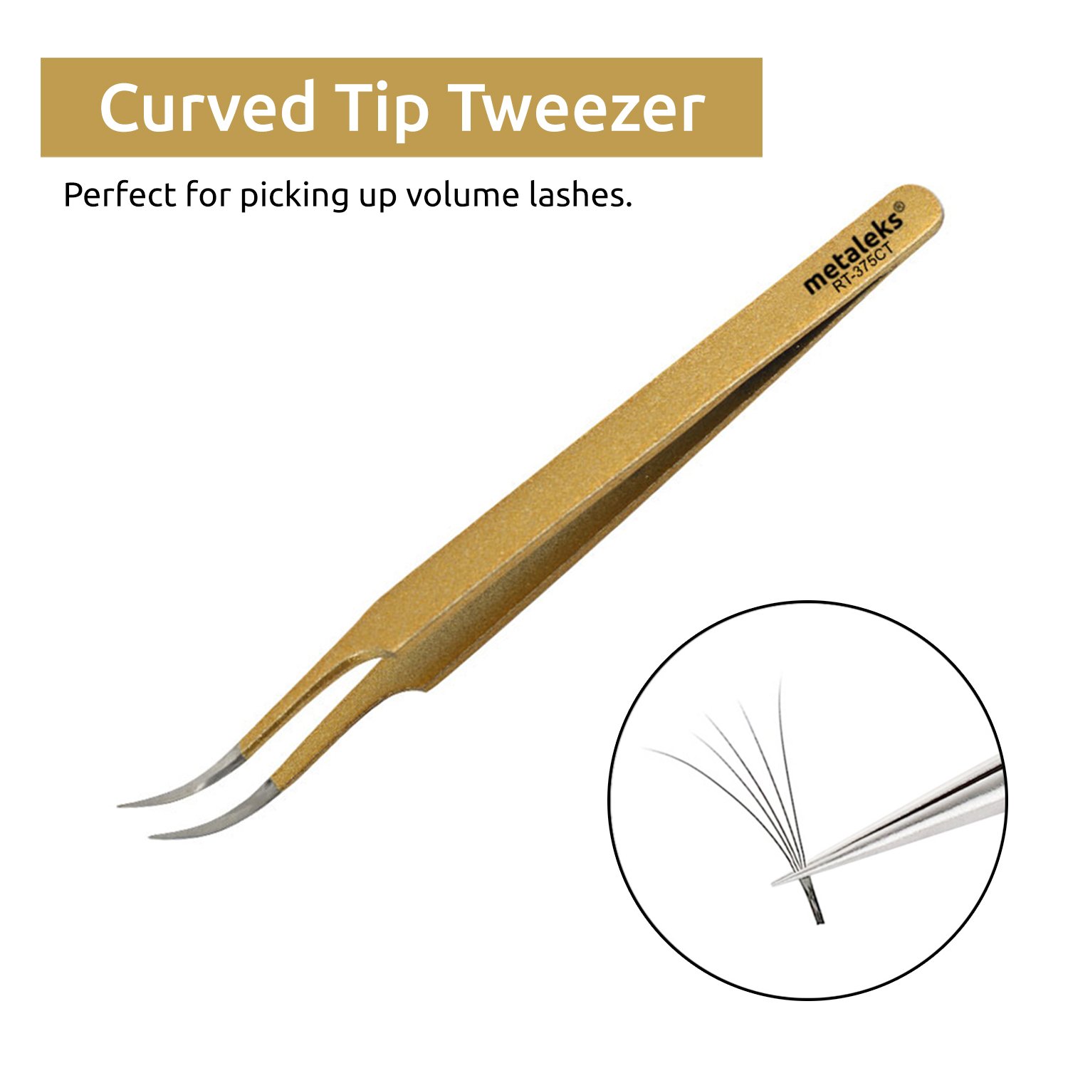 Tweezers for Eyelash Extension Hand Crafted Surgical Stainless Steel Metallic Gold Powder Coated (Curved Tip)