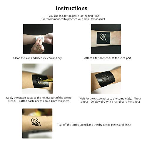 6 Pages Total 110 Tattoo Pattern Stickers Stencils，6 Pcs 3 Color Temporary Tattoo Kit，3 Bottles, 12 Nozzles, Blcak, Red, Brown