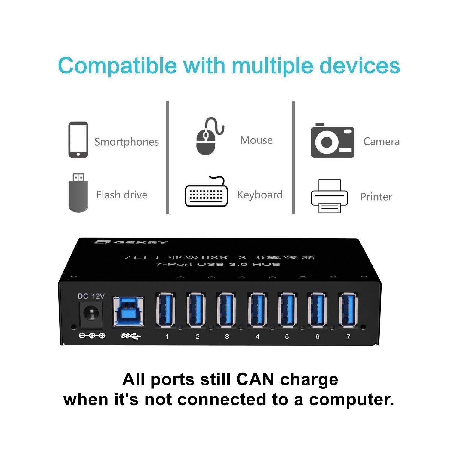 GEKRY USB 3.0 Hub, USB Data Hub, Metal Case Mountable 7-Port Powered USB Hub 3.0 with 36W AC Adapter-Type A