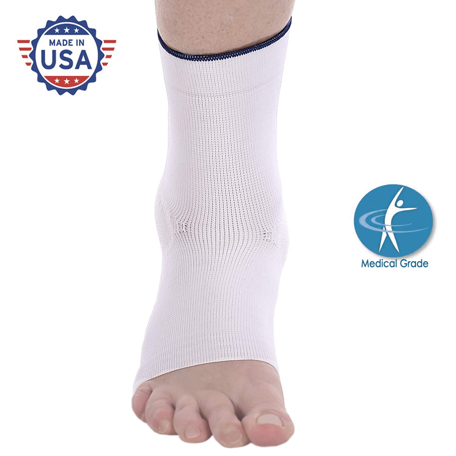 Active Pro VP Ankle Brace Sleeve with Contoured Silicone Pads, Additional Support for Ankle Sprains, Arthritis, Tendonitis, Swelling and Joint Effusion (White with Blue, L [9" - 9.75"])
