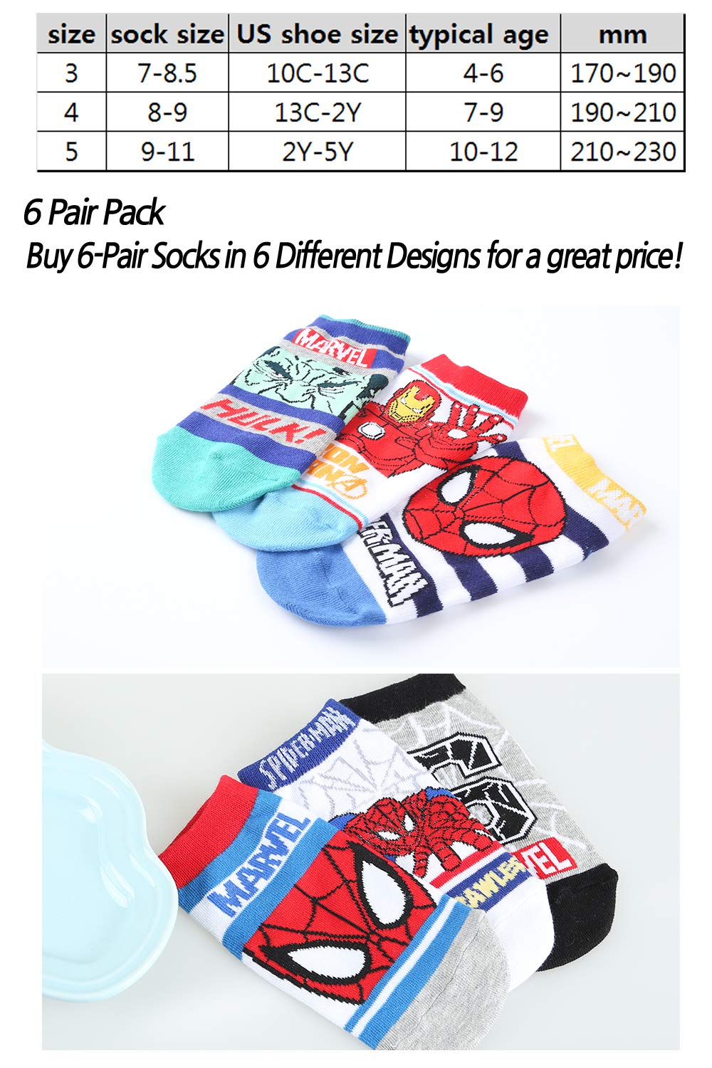 6 Pairs Premium No Show Socks for Boys, Multicolor, 4-6 years old