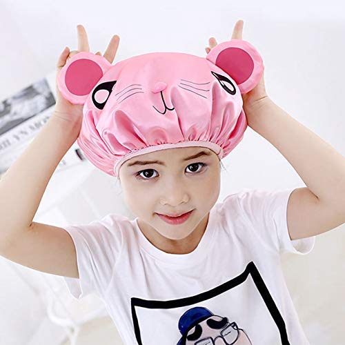 FirstKitchen Shower Cap for Kids, 2PCS Toddler Shower Cap, Cute Shower Cap with Double Layer, Kids Shower Caps for Girls Boys Child with Cartoon Animal(Pink Mouse + Gray Mouse)