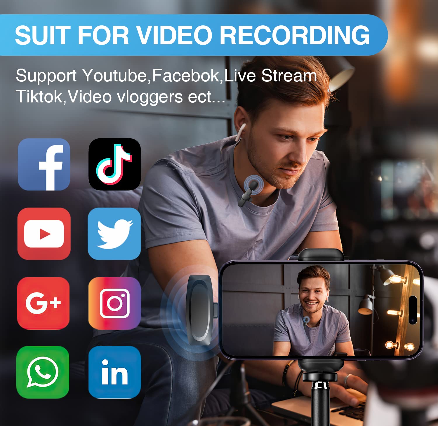 AIKELA Wireless Lavalier Microphone for iPhone iPad, Wireless Microphone 2.4G Ultra-Low Delay Plug-Play Built-in Noise Reduction Chip for Recording,Live Stream,Vlog,YouTube,Facebook,TikTok