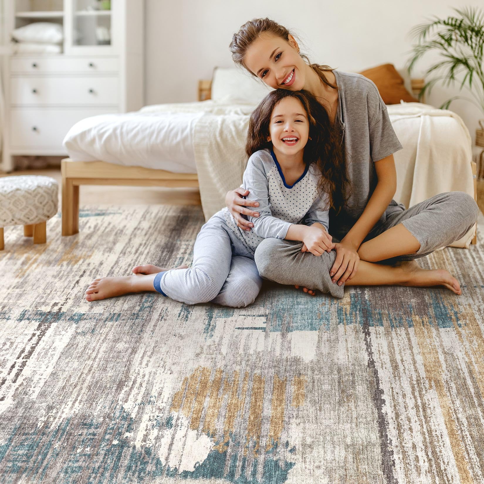 8x10 Rugs for Living Room: Large Modern Washable Super Soft Abstract Area Rug Neutral Contemporary Low Pile Carpet for Bedroom Dining Room Nursery Home Office Decor - Blue/Grey/Gold