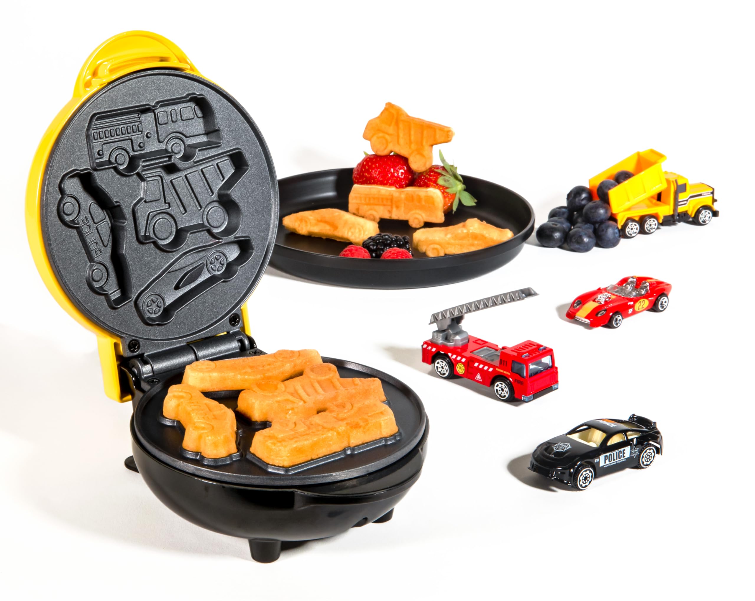 Nostalgia MyMini Cars and Trucks Shape Electric Waffle Maker, 5-Inch Non-Stick Griddle for Waffles, Hash Browns, Eggs, and More, Yellow
