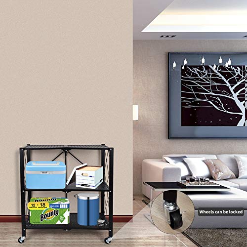 HealSmart 3-Tier Foldable Metal Heavy Duty Storage Shelving Unit with Wheels, Organizer Shelves for Garage Kitchen Holds up to 750 lbs Capacity, Black