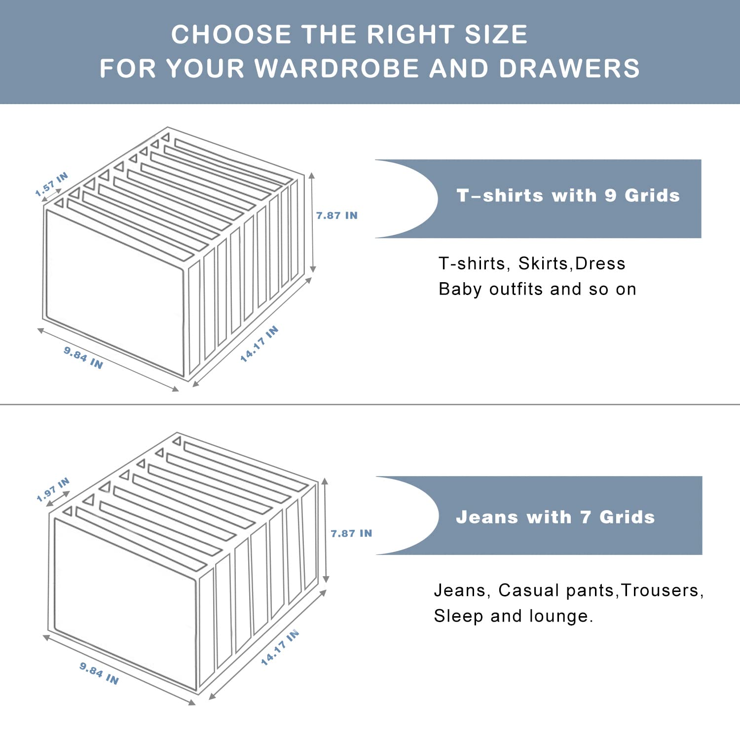WENSEFTY Wardrobe Clothes Organizer, Clothes Organizer for Folded Clothes 7/9 Grids Dividers Closet Drawer Organizers for Jeans Pants, T-shirt, Dress