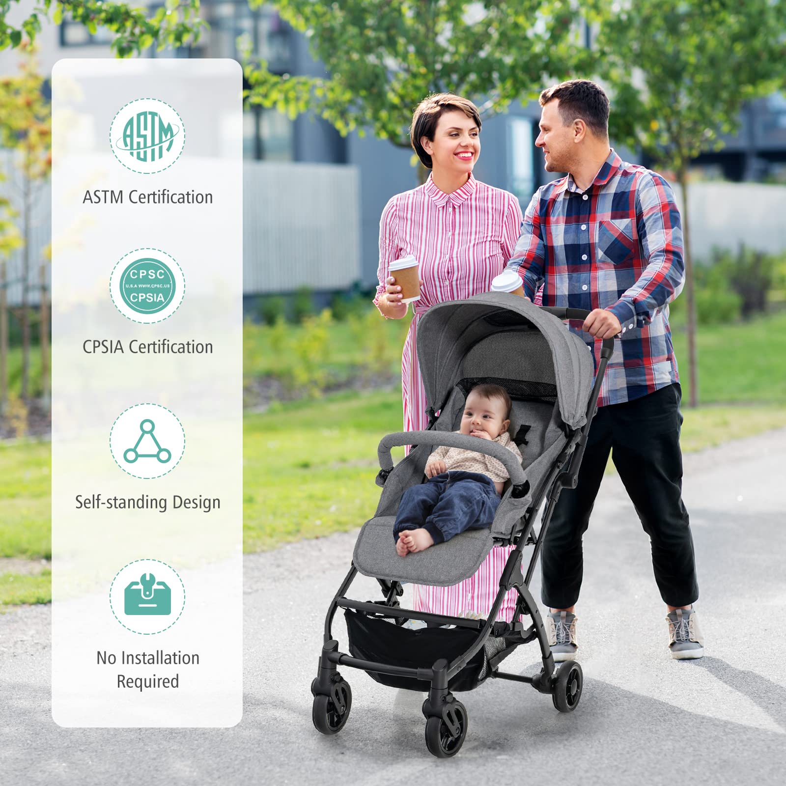 BABY JOY Lightweight Baby Stroller, Compact Travel Stroller for Airplane, Easy One-Hand Fold, High Landscape Infant Toddler Stroller with Adjustable Canopy/Backrest/Footrest, Storage Basket (Gray)