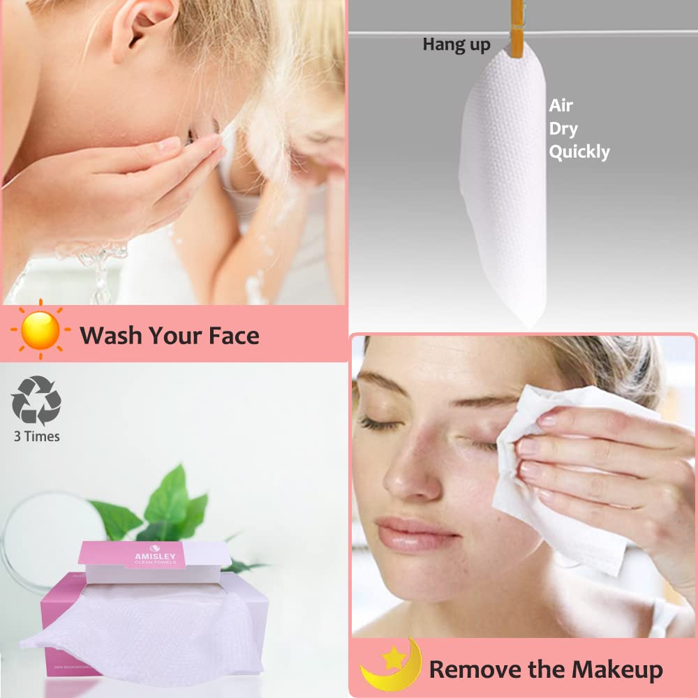 Amisley Disposable Face Towel, Ultra Soft Washcloths, 210Pcs Unscented Baby Dry Wipes for Sensitive Skin, Multi-Use as Makeup Remover & Thickening Cleansing Towelettes, w/Dust-Proof Bag, 3 Boxes
