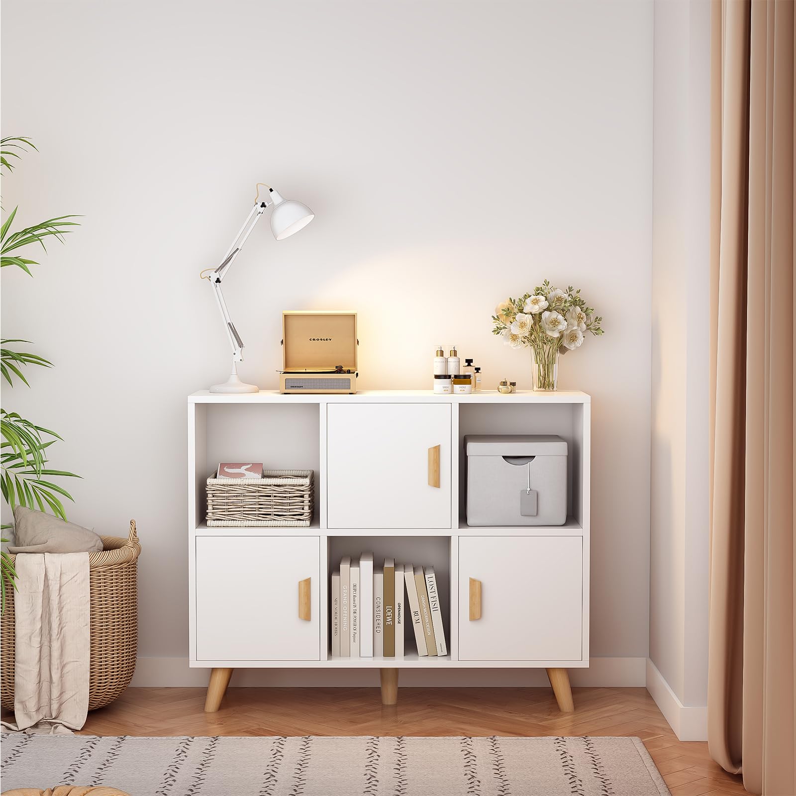 OSCHF Cubby Shelf Bookcase with Doors - Wooden 6 Cube Floor Standing Open Bookshelf with Solid Wood Legs, 2-Tier Low Storage Cabinet, Warm White