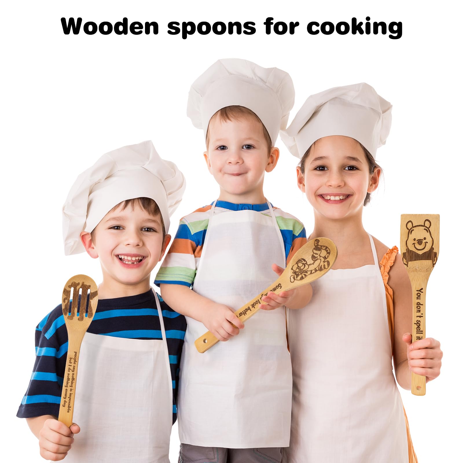 6 PCS Bamboo Cooking Kitchen Utensils Set - Cute Bear Slotted Wooden Spatula for Kitchen Decor - Cookware Gifts for Women - Wooden Spoons for Cooking - 3D Engraved Patterns