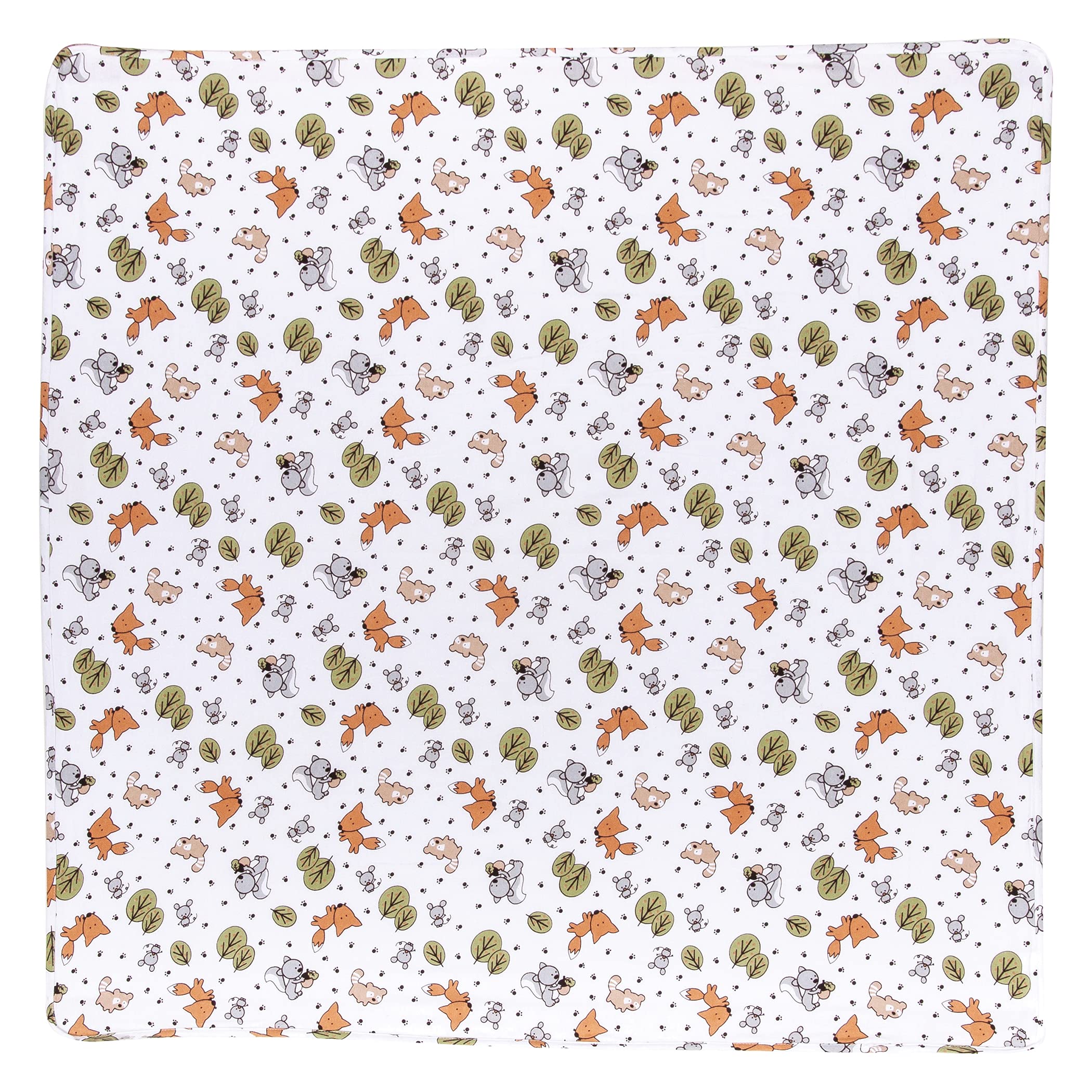 Friendly Forest Deluxe Flannel Swaddle Blanket - Forest Animals Scatter Print Cotton Flannel, Orange, Green, Tan, Gray and White, 48 in x 48 in