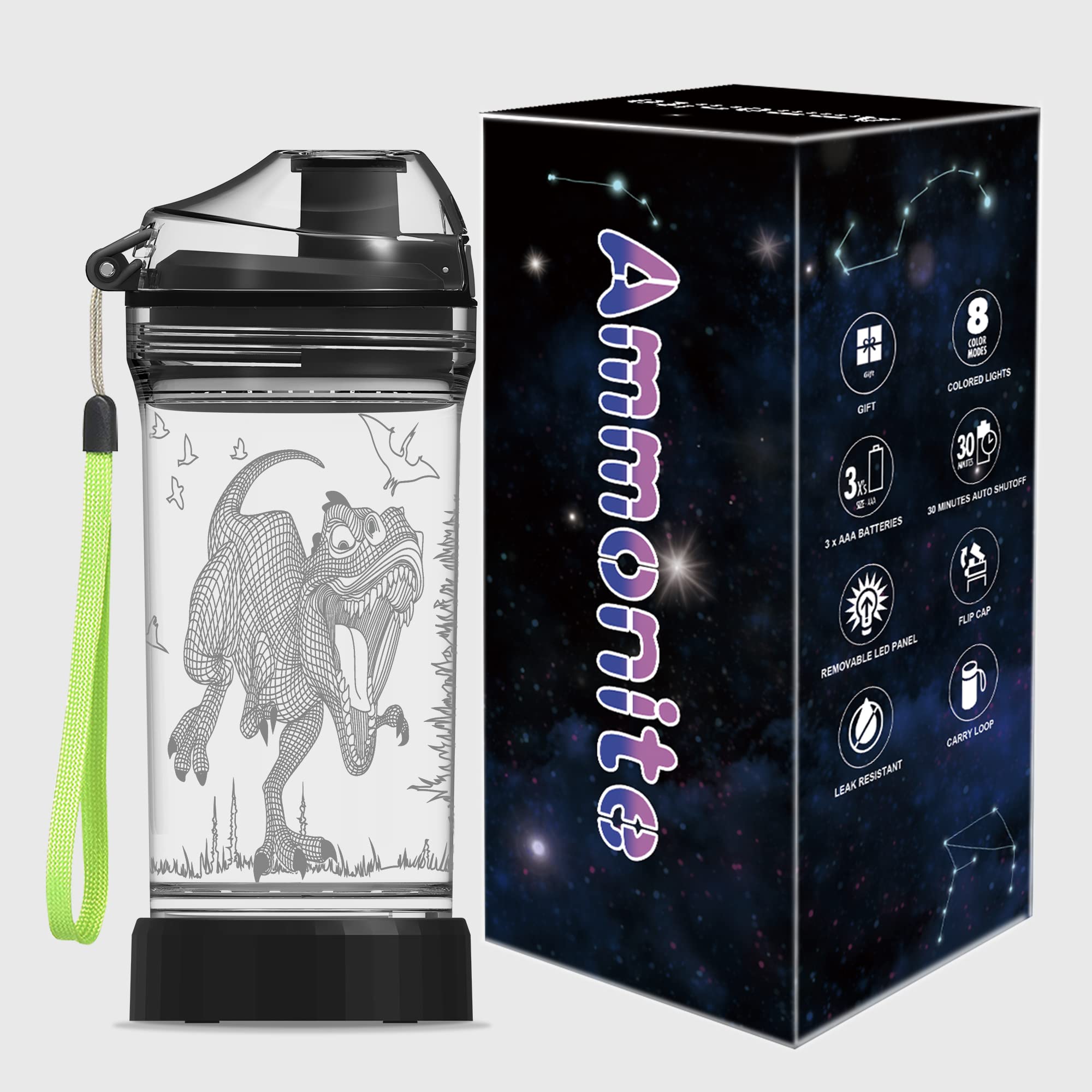 Ammonite Dinosaur Water Bottle for Kids 3D Glowing LED Light T-rex 14 OZ Tritan BPA Free - Creative Ideal Travel Cup Dinosaur Jurassic Gift for School Kid Boy Child Holiday Camping Picnic