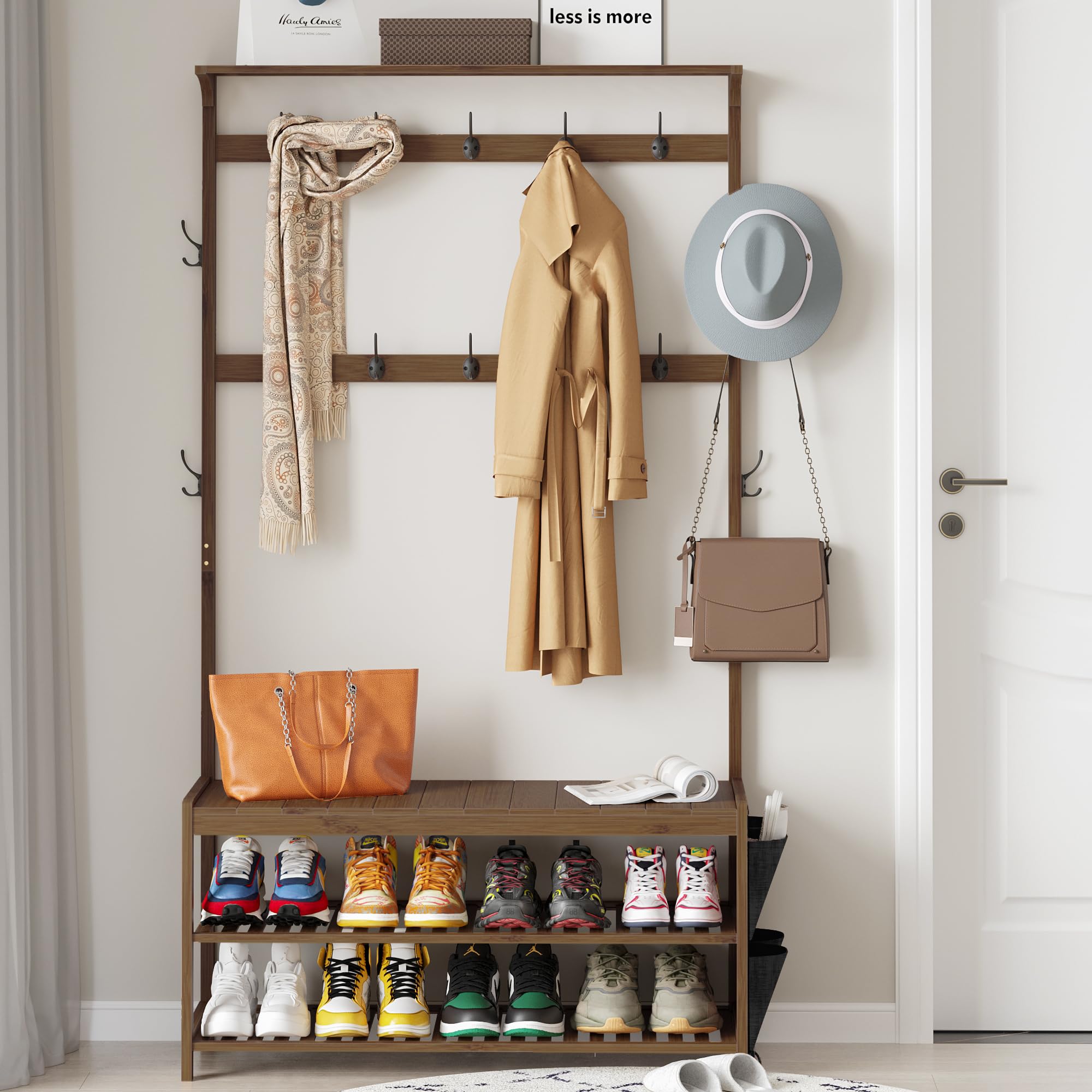 AMBIRD Hall Tree with Shoe Bench Entryway Bench with Coat Rack 6-in-1 Coat Rack Shoe Bench with Cloth Bag Storage Bench with 16 Coat Hooks, Sturdy Bamboo Frame, Large Size, Brown 46 * 15 * 70 Inches