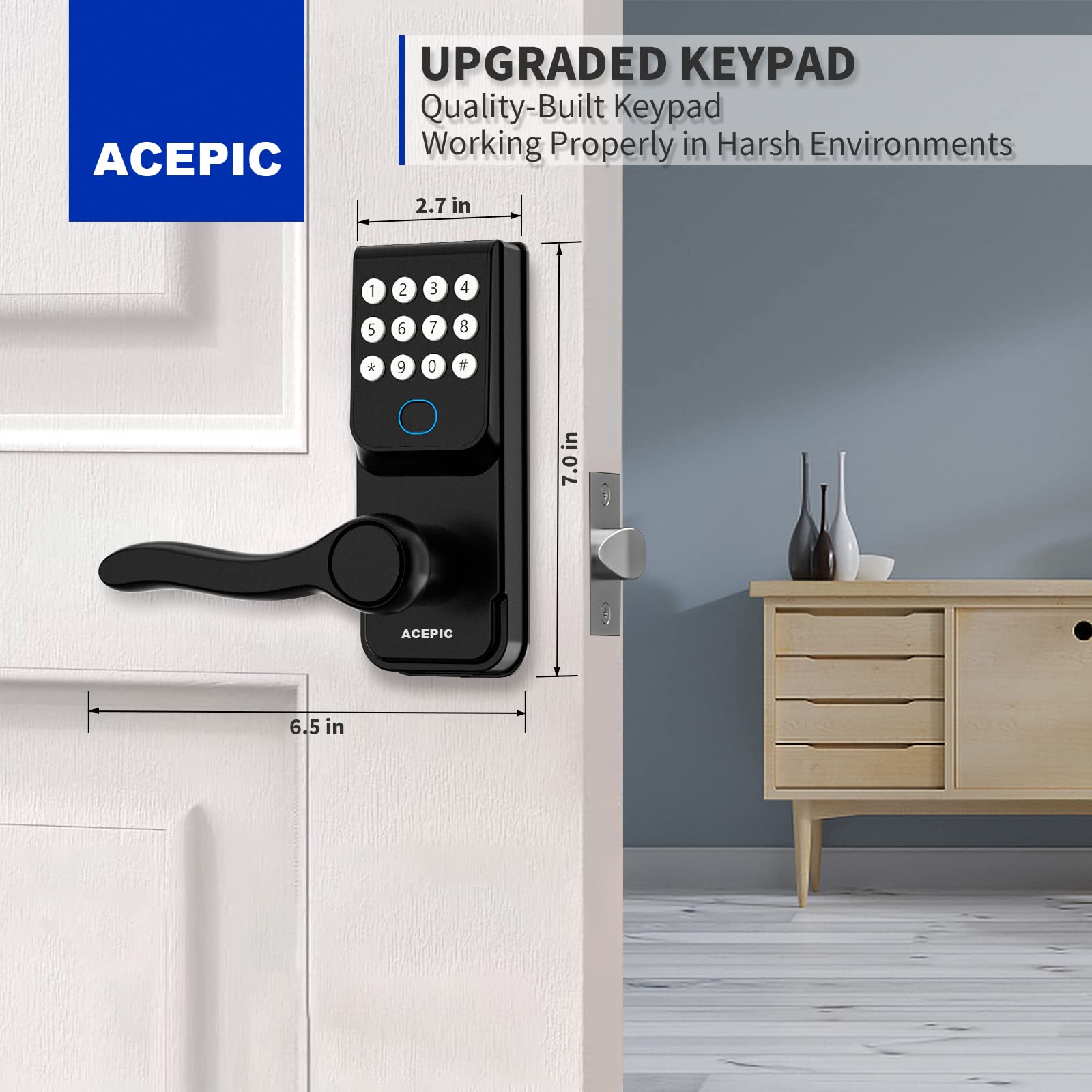 Acepic Full Metal Keyless Entry Door Lock, Keypad Door Lock, Keyless Door Lock, Fingerprint Door Lock, Smart Lock, Passcode Code Door Lock, Digital Smart Door Lock, Fob (Matte Black)