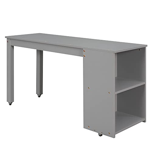 BIADNBZ Full Size Low Loft Bed with Rolling Portable Desk, Cabinet and Storage Shelves, Wooden Multiple Functions Study LoftBed for Kids Boys Girls Bedroom, Gray