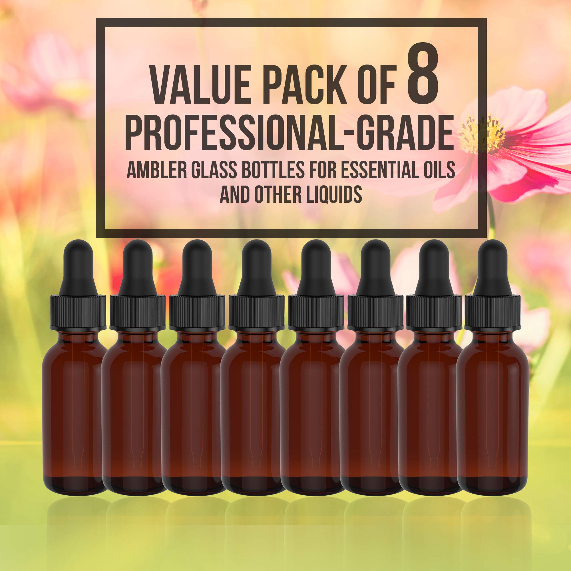 Nylea 8 Pack Essential Oil Bottles - Round Boston Empty Refillable Amber Bottle with Glass Dropper for Liquid Aromatherapy Fragrance Lot - (1 oz) 30ml