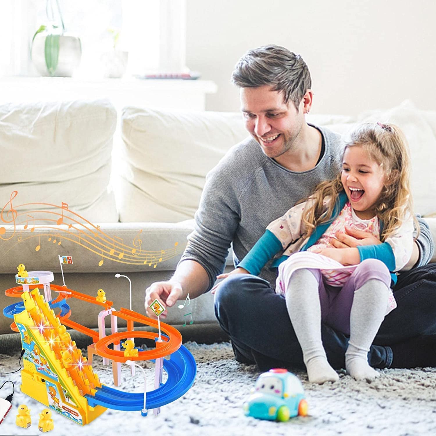 Small Ducks Climbing Toys, Electric Ducks Chasing Race Track Game Set, Playful Roller Coaster Toy with 8 Duck LED Flashing Lights & Music Button, Fun Duck Stair Climbing Toy for Toddlers and Kids (C)